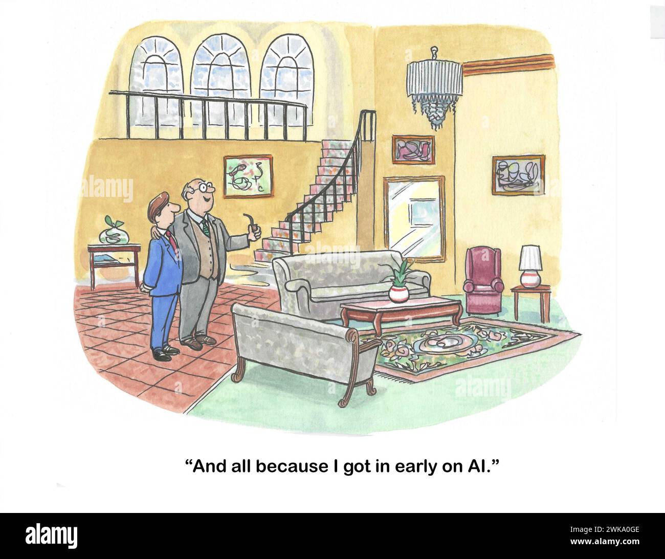 Color cartoon of a wealthy man who states he is wealthy because he got ...