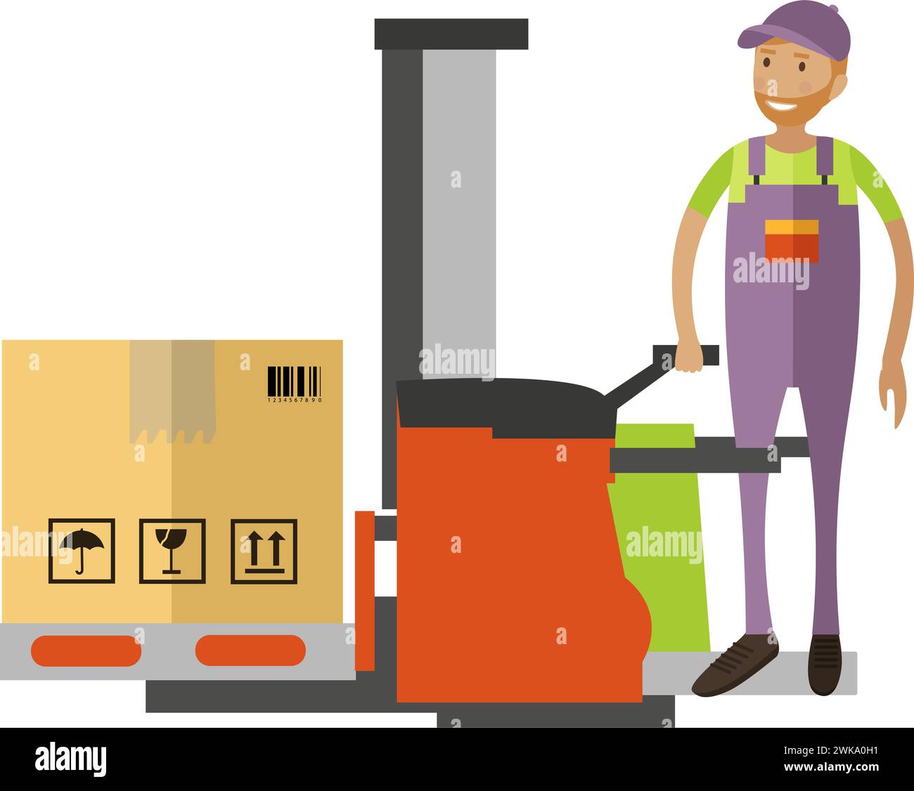 Man warehouse worker using lift for parcel stacking vector icon ...