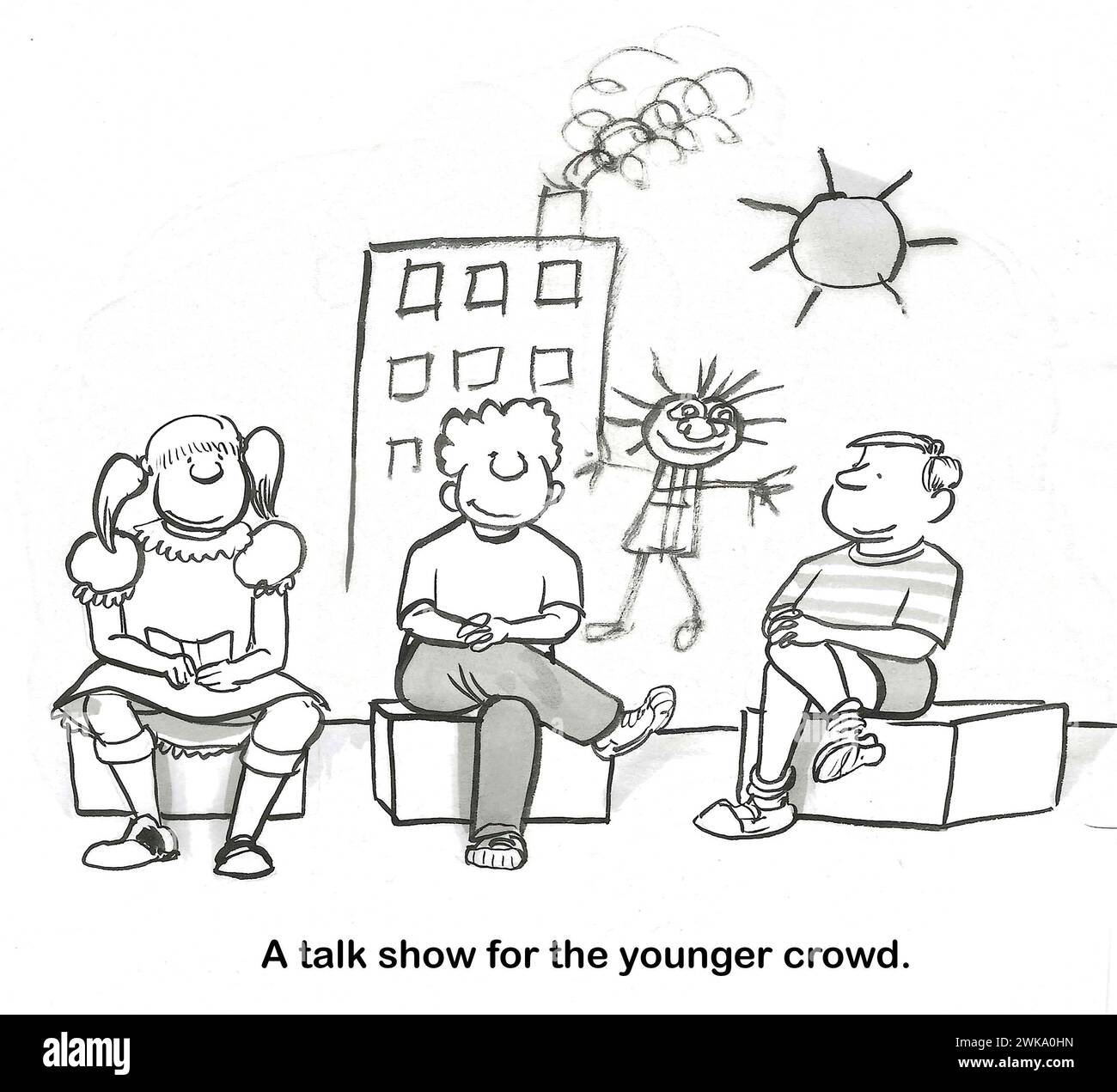 BW cartoon showing children on a tv talk show set, a talk show has ...