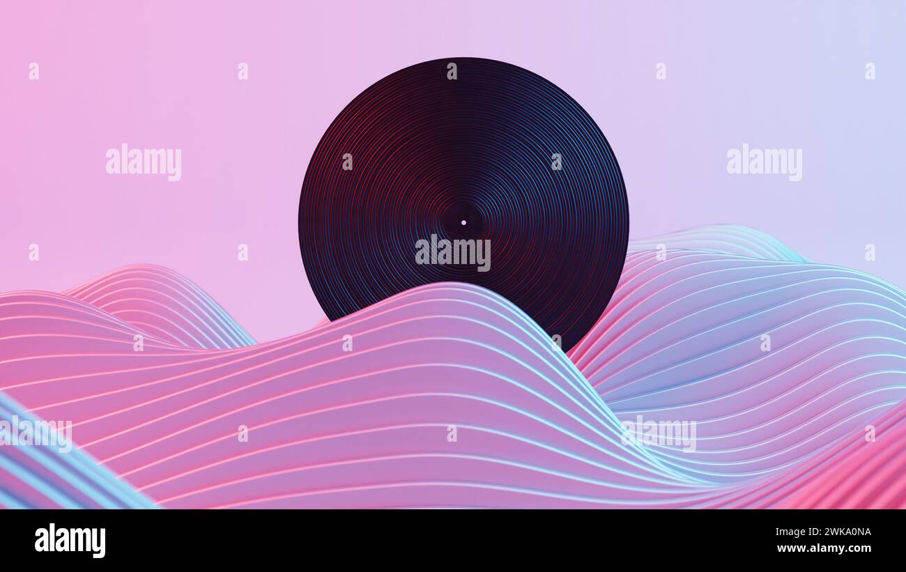 This artwork depicts a vinyl record set against a retro wave landscape ...