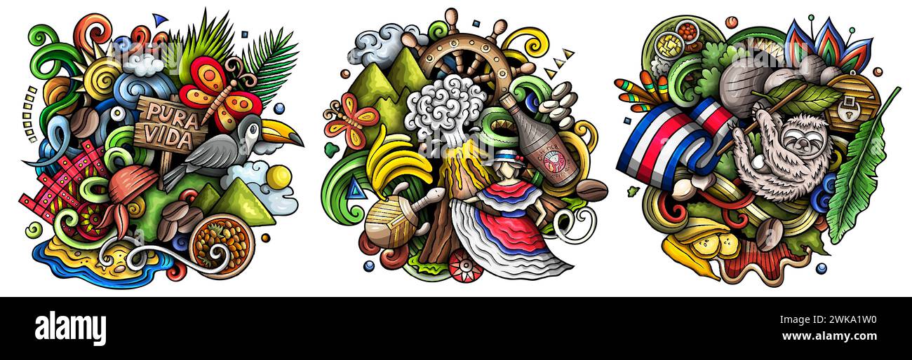 Costa Rica cartoon vector doodle designs set. Colorful detailed ...