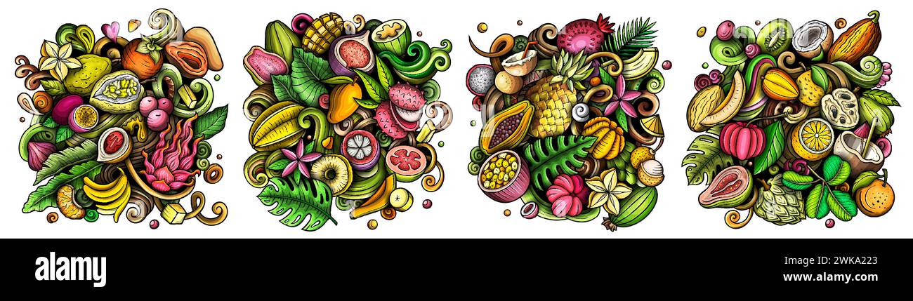 Exotic fruits cartoon vector doodle designs set Stock Vector Image ...