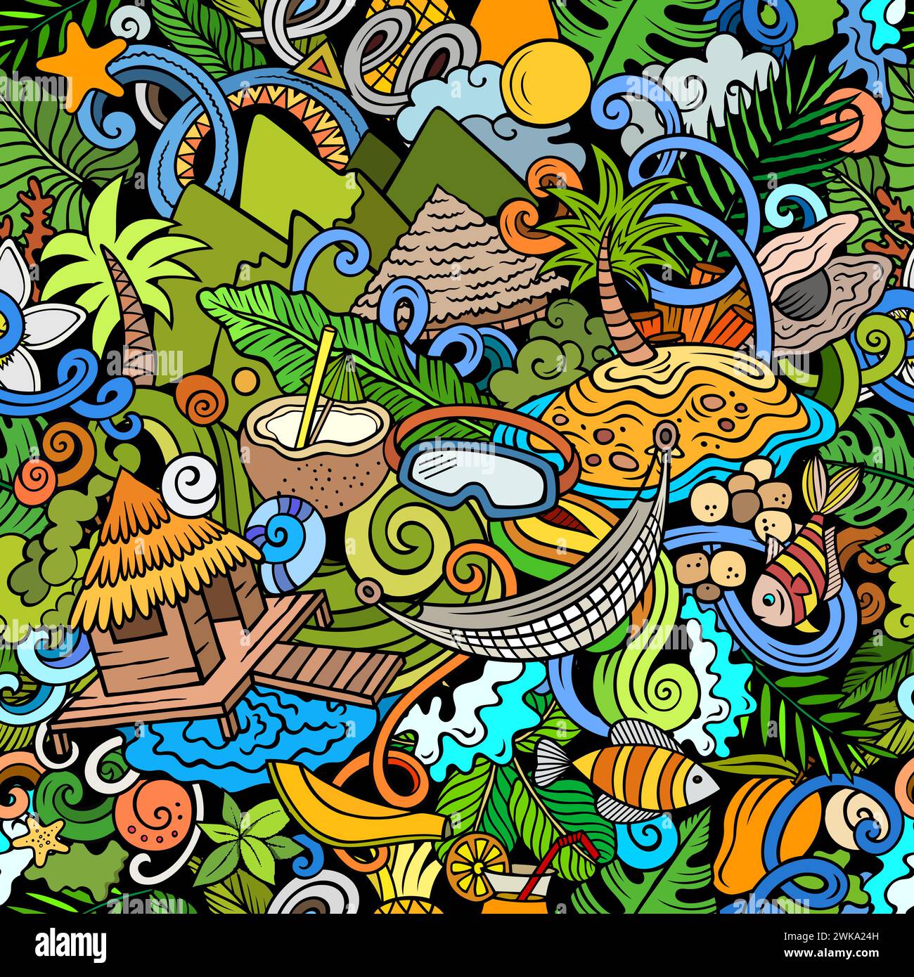 Cartoon doodles Bora-Bora island seamless pattern Stock Vector Image ...