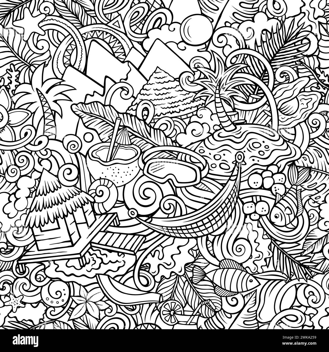 Cartoon doodles Bora-Bora island seamless pattern Stock Vector Image ...