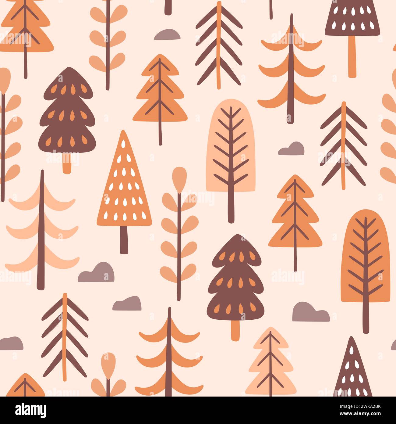 Forest pattern in scandinavian style with warm tones. Cute trees isolated on light peach color ...
