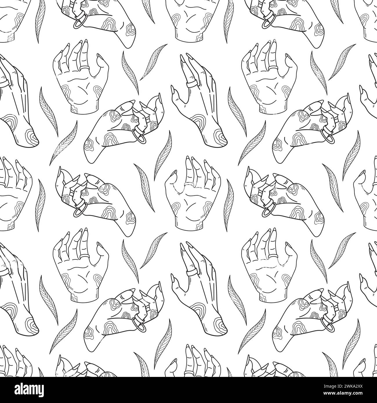 Mystical seamless pattern of witch hands surrounded by plants. Hand drawn magical doodle pattern ...