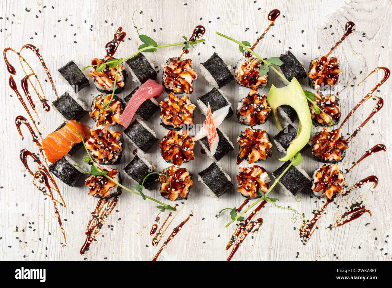 Set of sushi rolls, close-up top view.Japanese food Stock Photo - Alamy