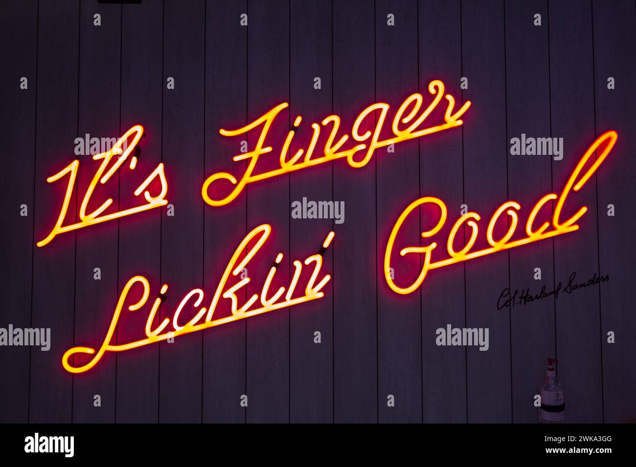Colonel Sanders It's Finger Lickin Good neon signage in a KFC restaurant in London, England, U.K ...