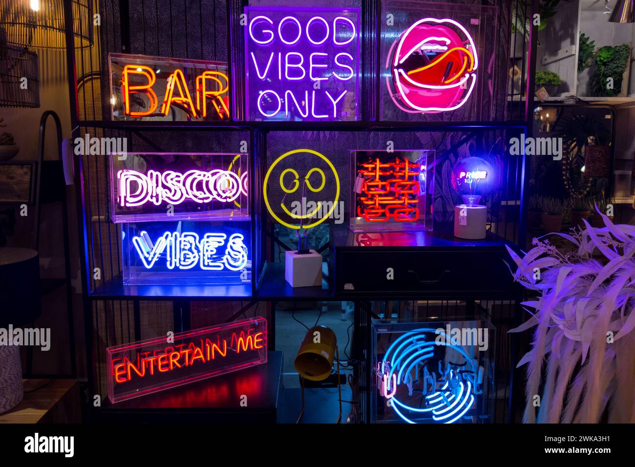 Closeup of colourful neon signage in the Mrs Robinson shop in Crystal ...