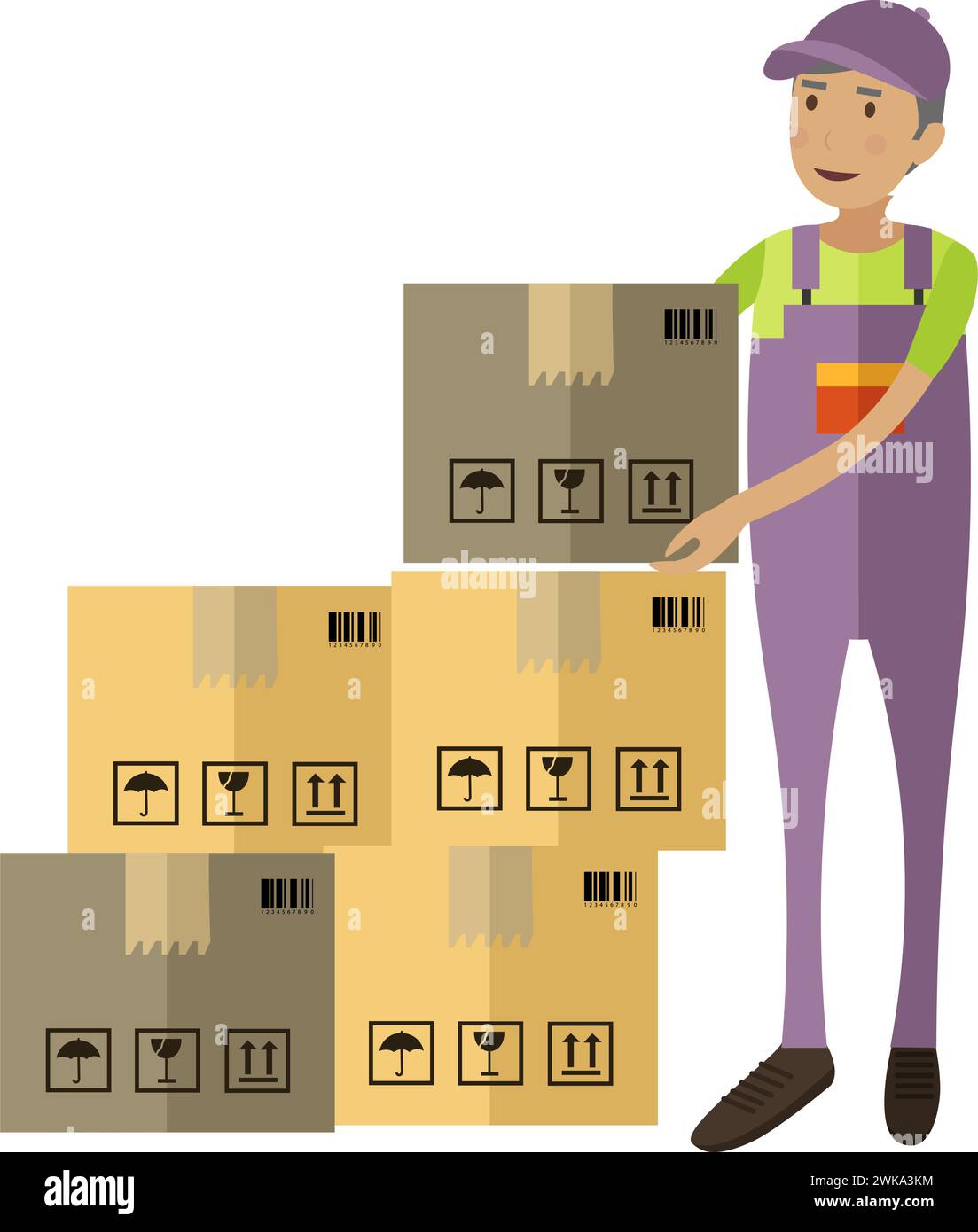 Man warehouse worker stacking parcels box vector icon isolated on white ...