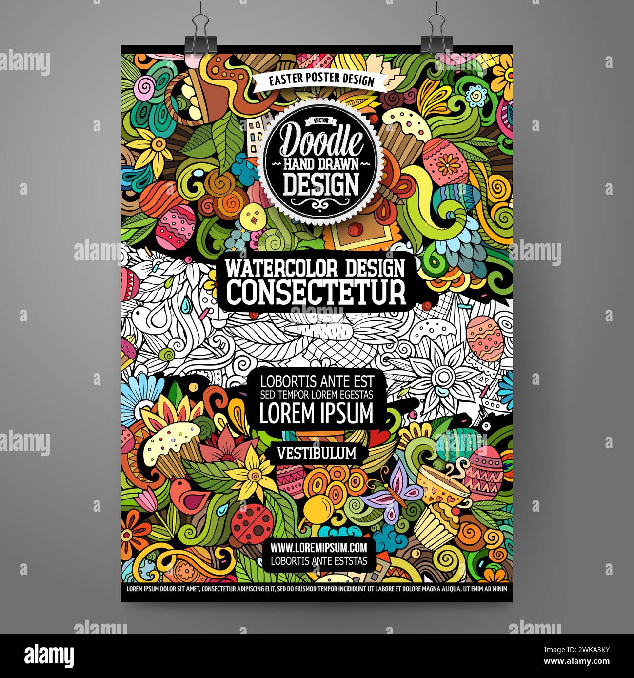 Cartoon colorful doodles Happy Easter poster template Stock Vector ...