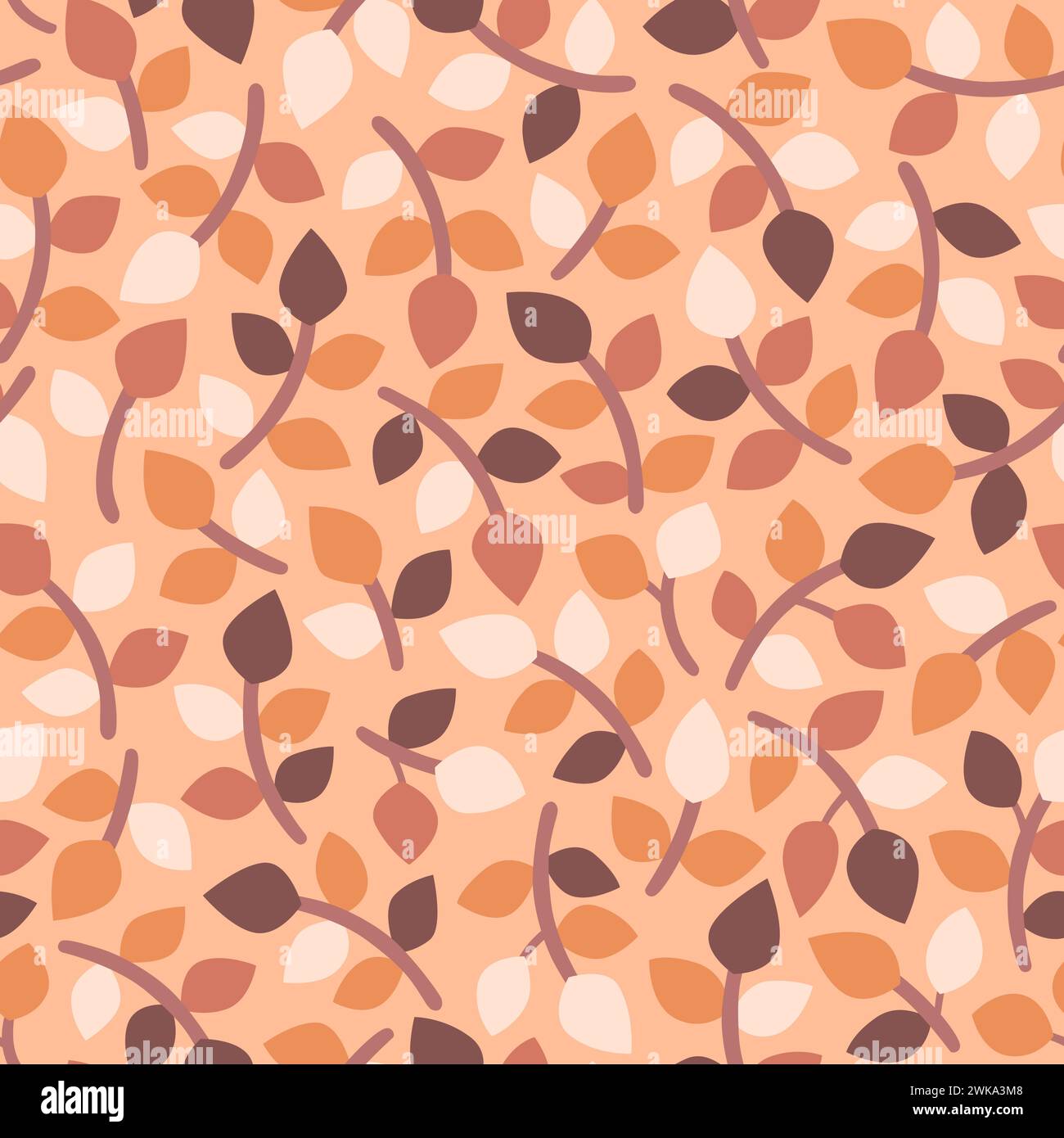 Flat scandinavian leaves seamless pattern. Cute twigs with warm tones isolated on orange ...