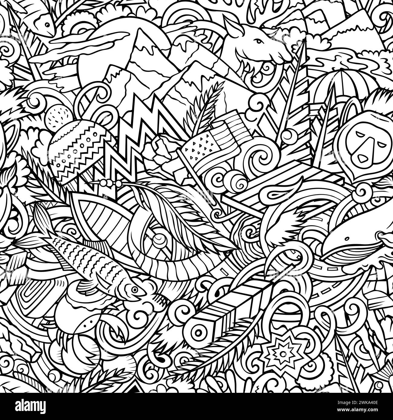 Cartoon doodles Alaska seamless pattern. Backdrop with USA State ...