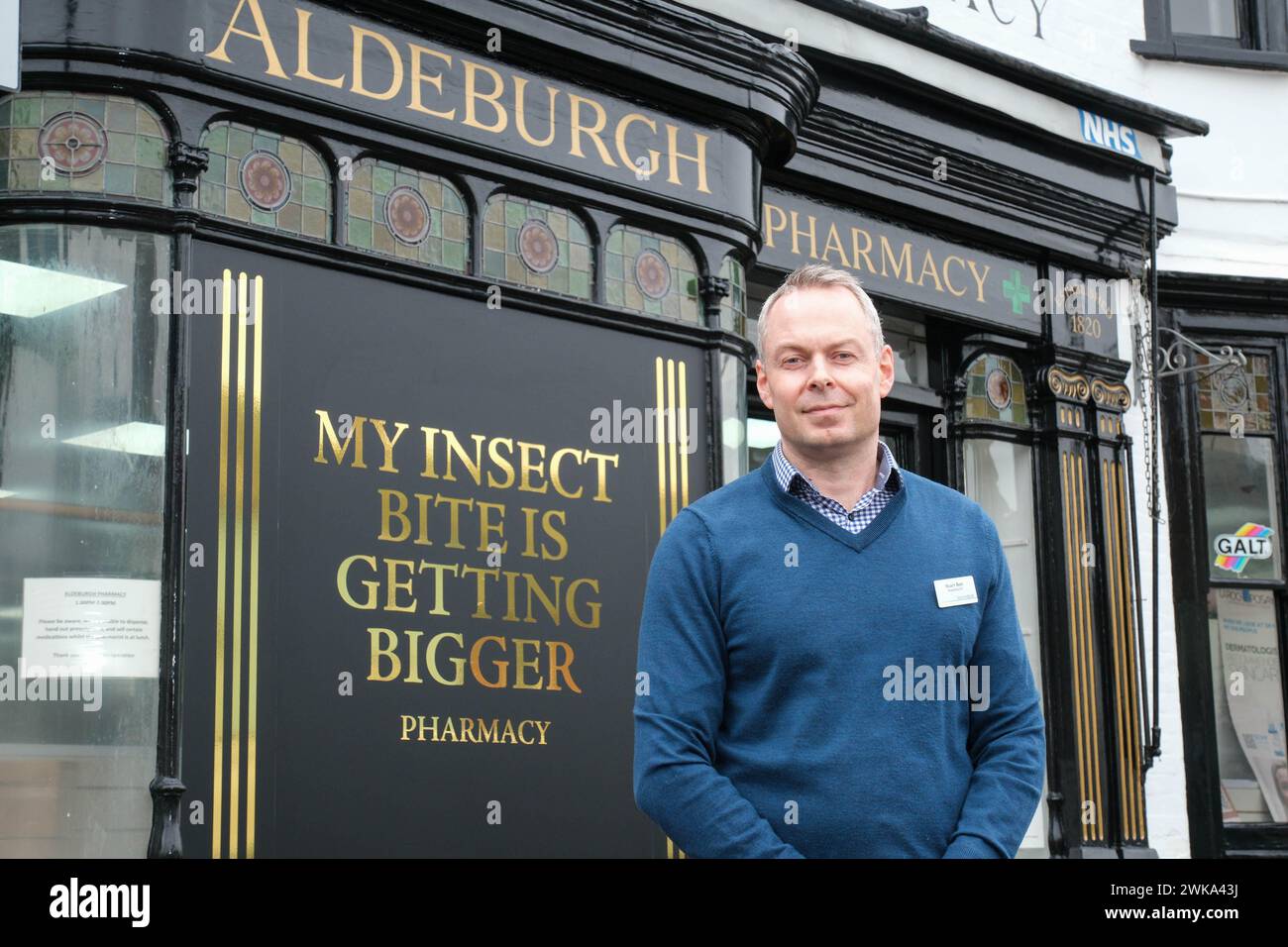 EDITORIAL USE ONLY Community Pharmacist Stuart Beer outside Aldeburgh ...