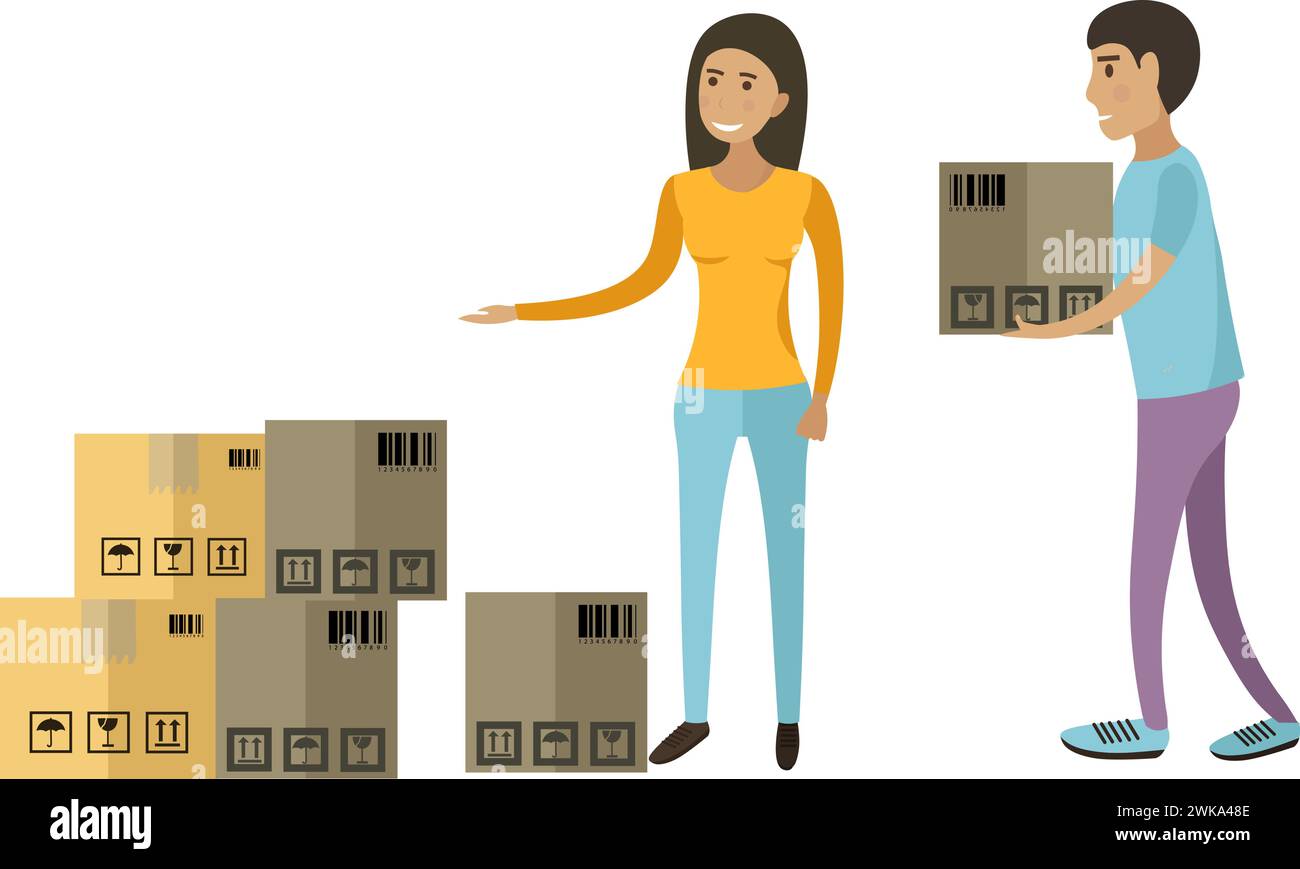 Man and woman logistics team stacking parcels box vector icon isolated ...