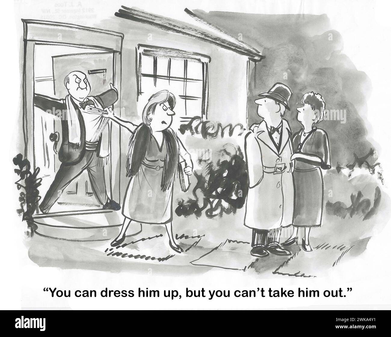 BW cartoon of a wife wanting her husband to go to a black tie event. He ...