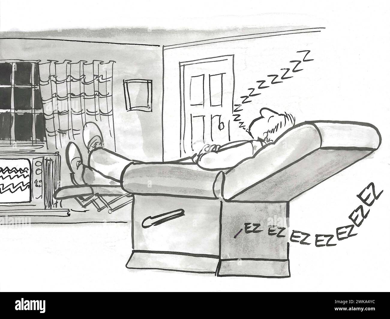 BW cartoon of a man falling asleep while watching tv.f Stock Photo - Alamy