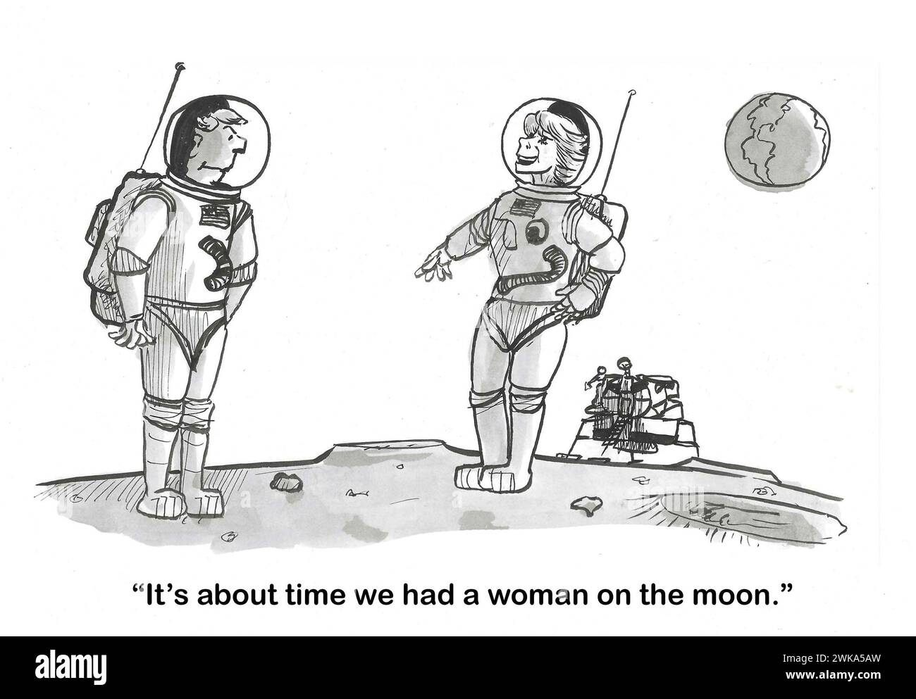 BW cartoon of a male and female astronaut walking on the moon. The ...