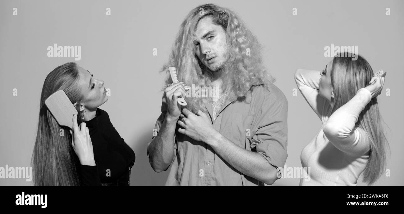 Group portrait of young people combing hair. Brushing Hair, Haircare ...