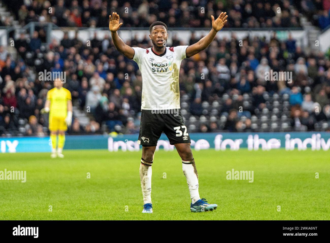 Derby County midfielder Ebou Adams (32) gestures during the Derby ...