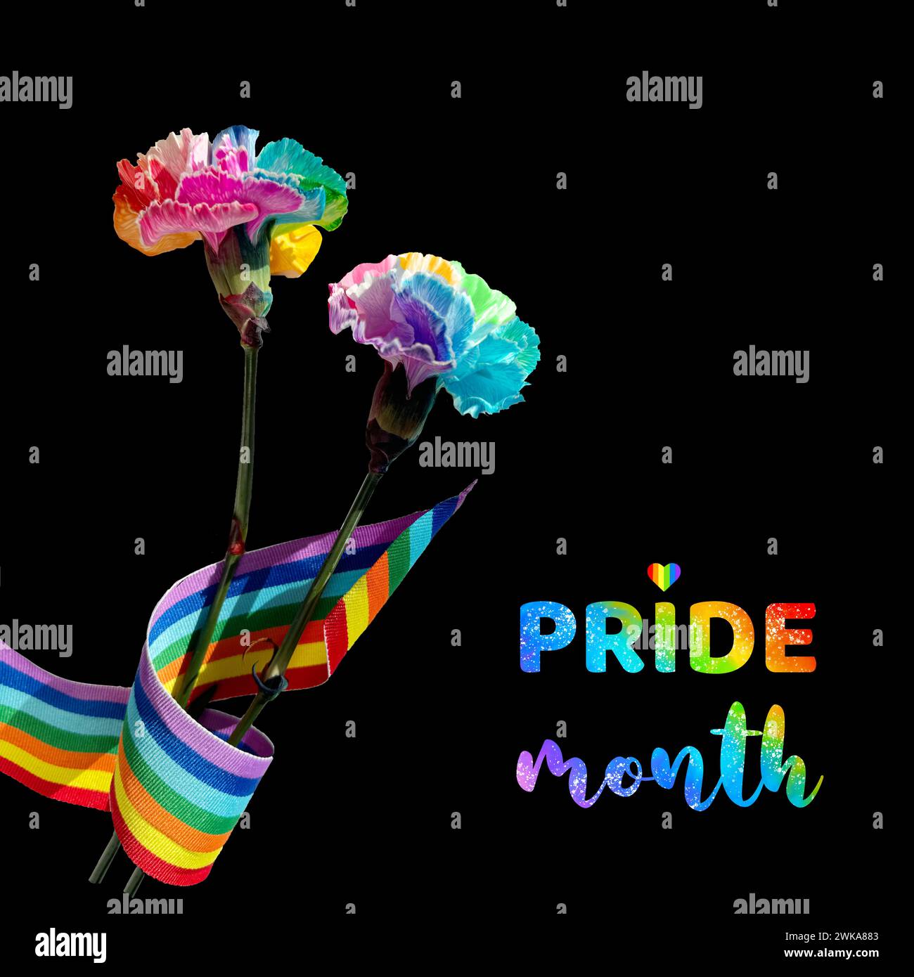 Two Flowers With a Rainbow Ribbon with Caption Pride Month on Black ...