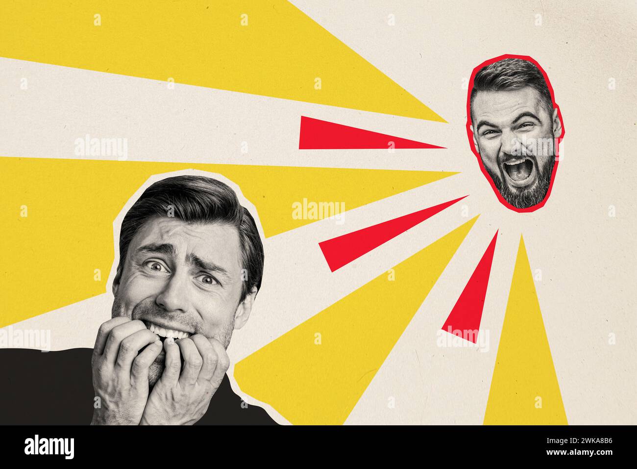 Photo image collage scared frustrated young man aggressive angry ...