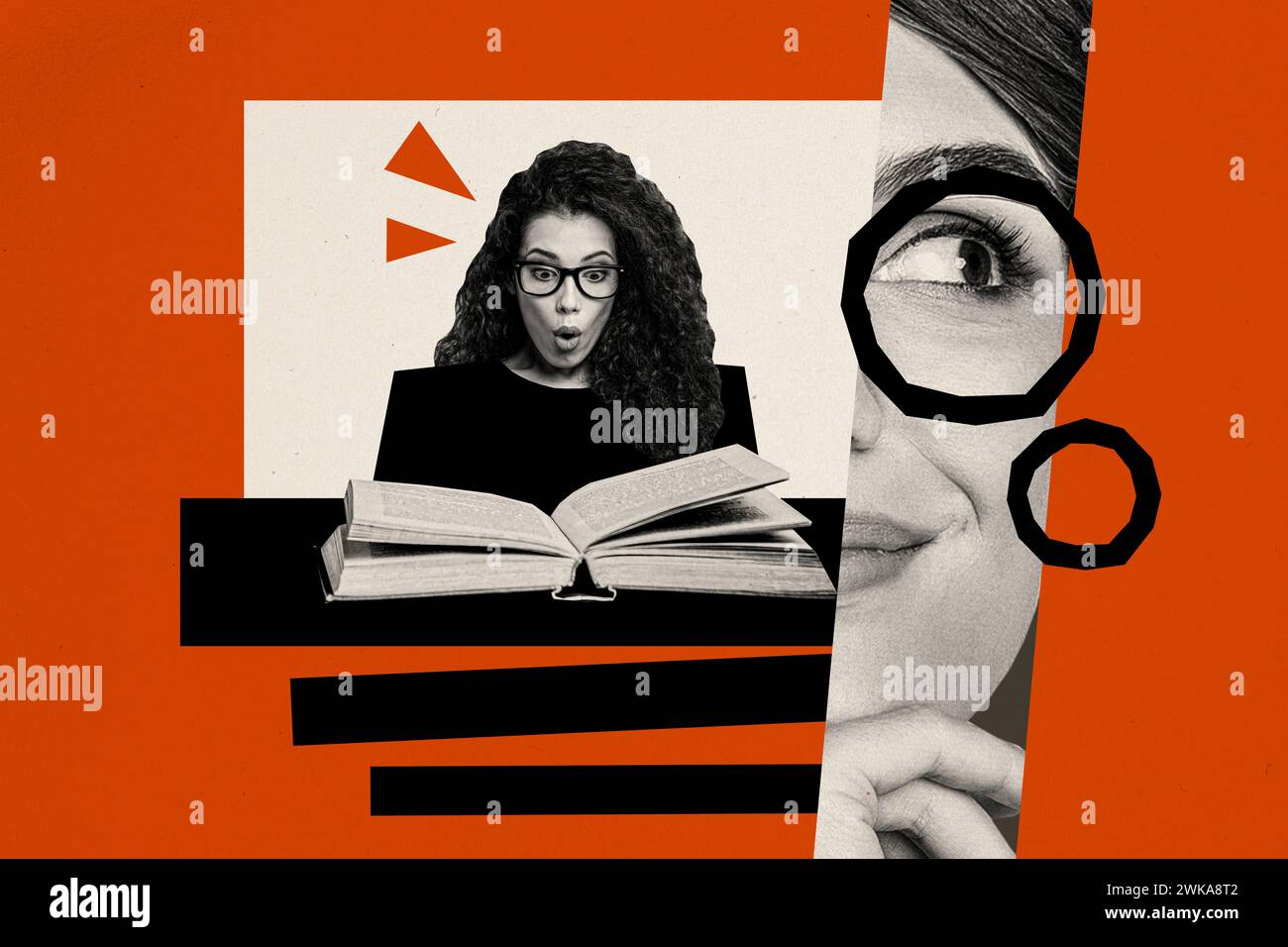 Collage picture of black white effect girls brainstorming speechless ...