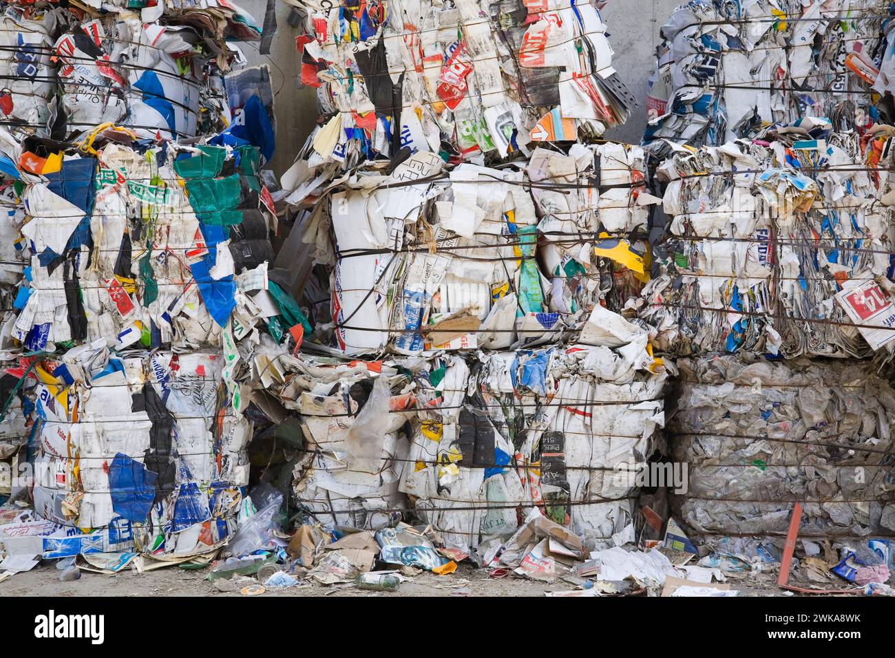 Stacked bales of recyclable plastric and paper materials at sorting ...
