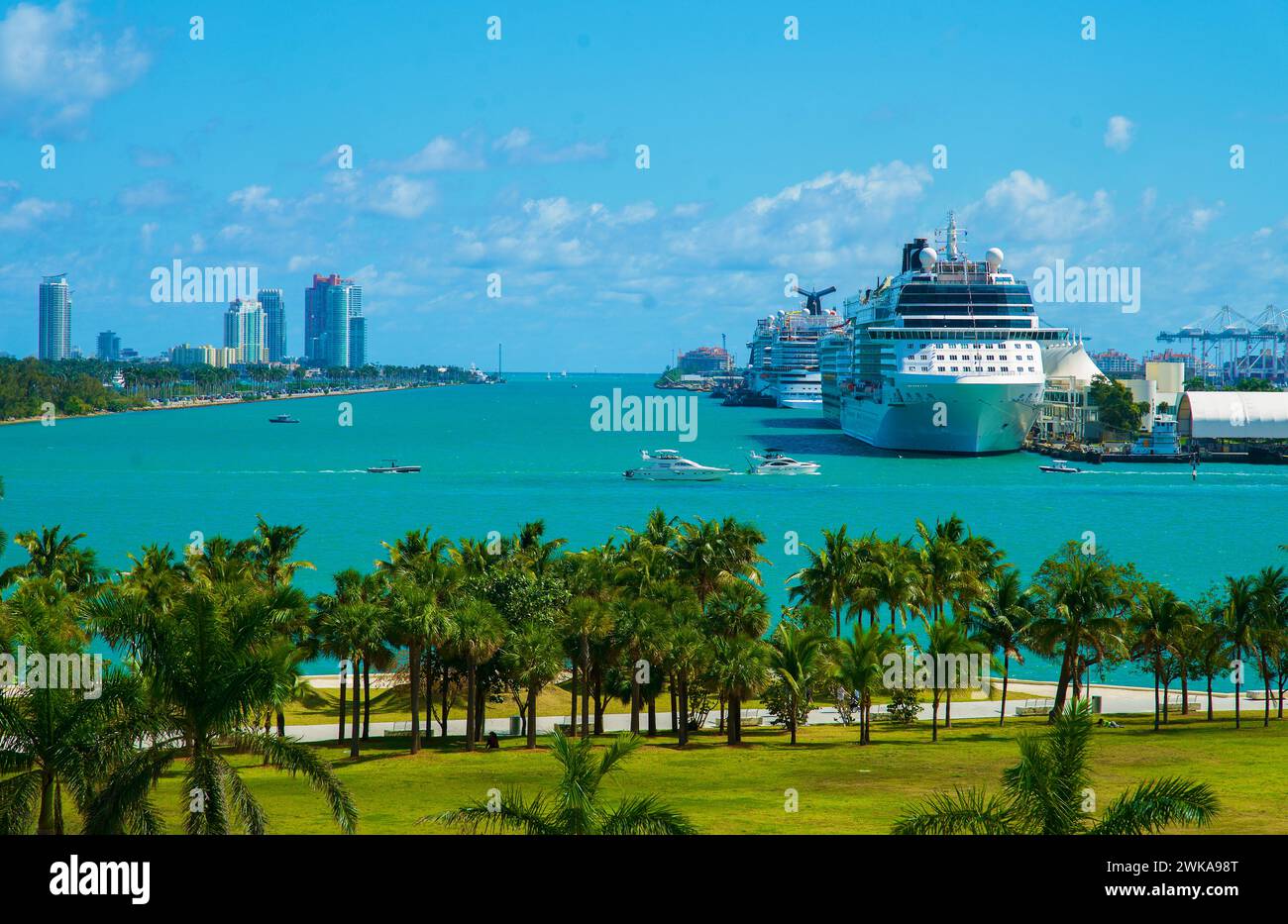 Multiple cruise ships docking near a coastal resort with distant ...