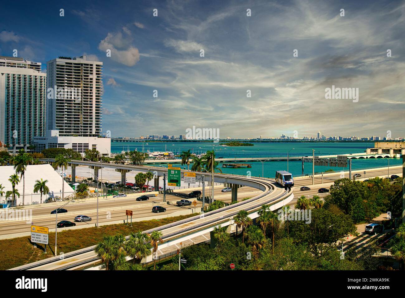 Some cars driving on the elevated freeway in Downtown Miami, Florida ...