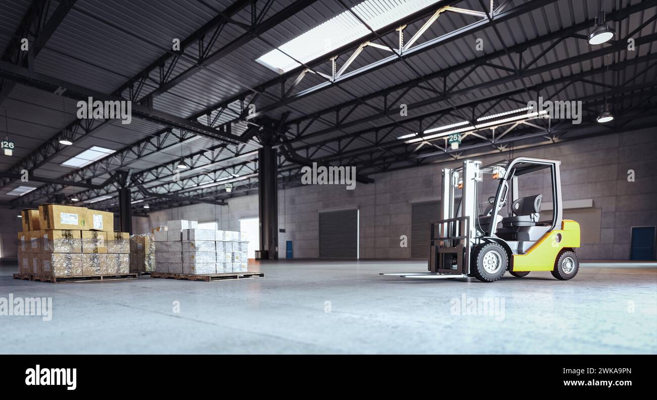 forklift in action inside an almost empty warehouse.3d render Stock ...