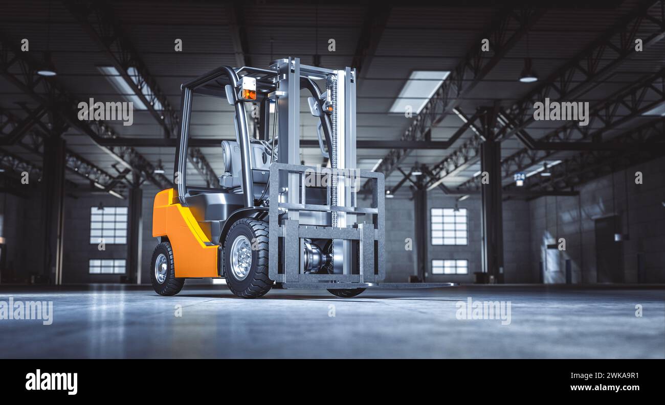 detail of a forklift inside an empty warehouse.3d render Stock Photo ...