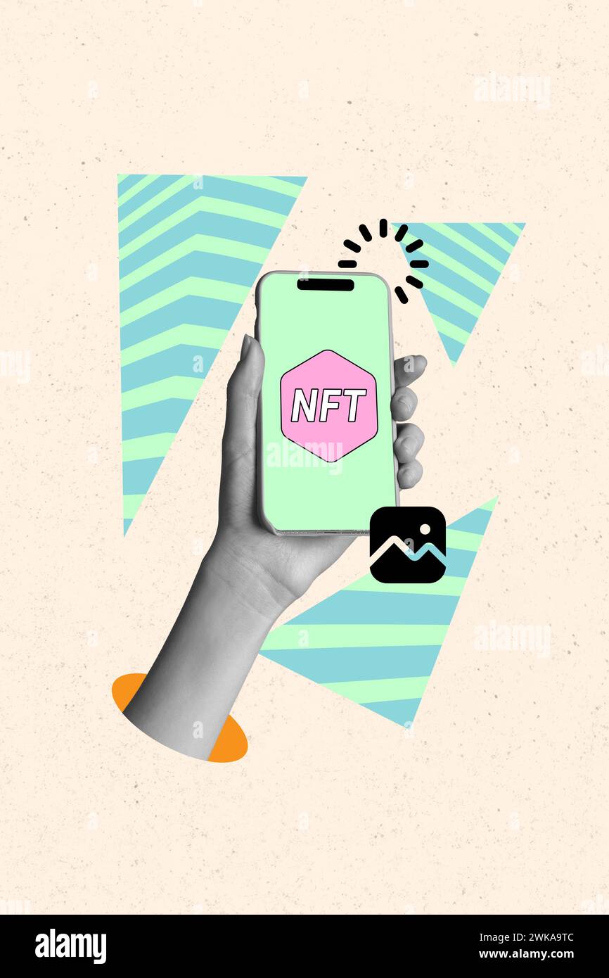 Vertical creative collage image of hand hold telephone nft picture selling bitcoin ...