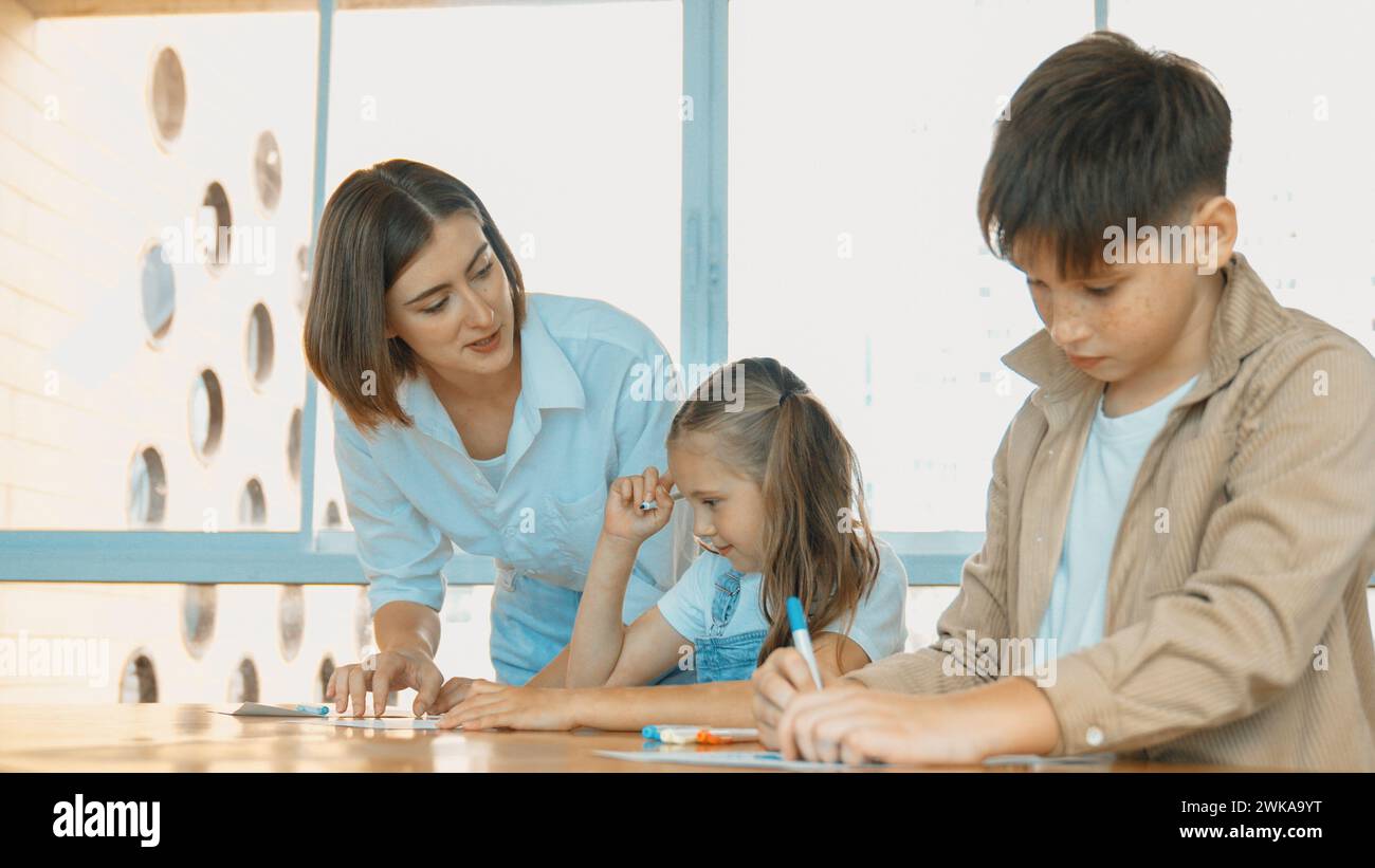 Panorama shot of happy diverse student and smart teacher drawing and ...