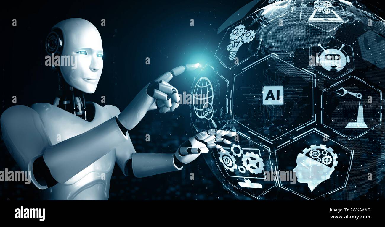 XAI 3d illustration AI hominoid robot touching hologram screen shows ...