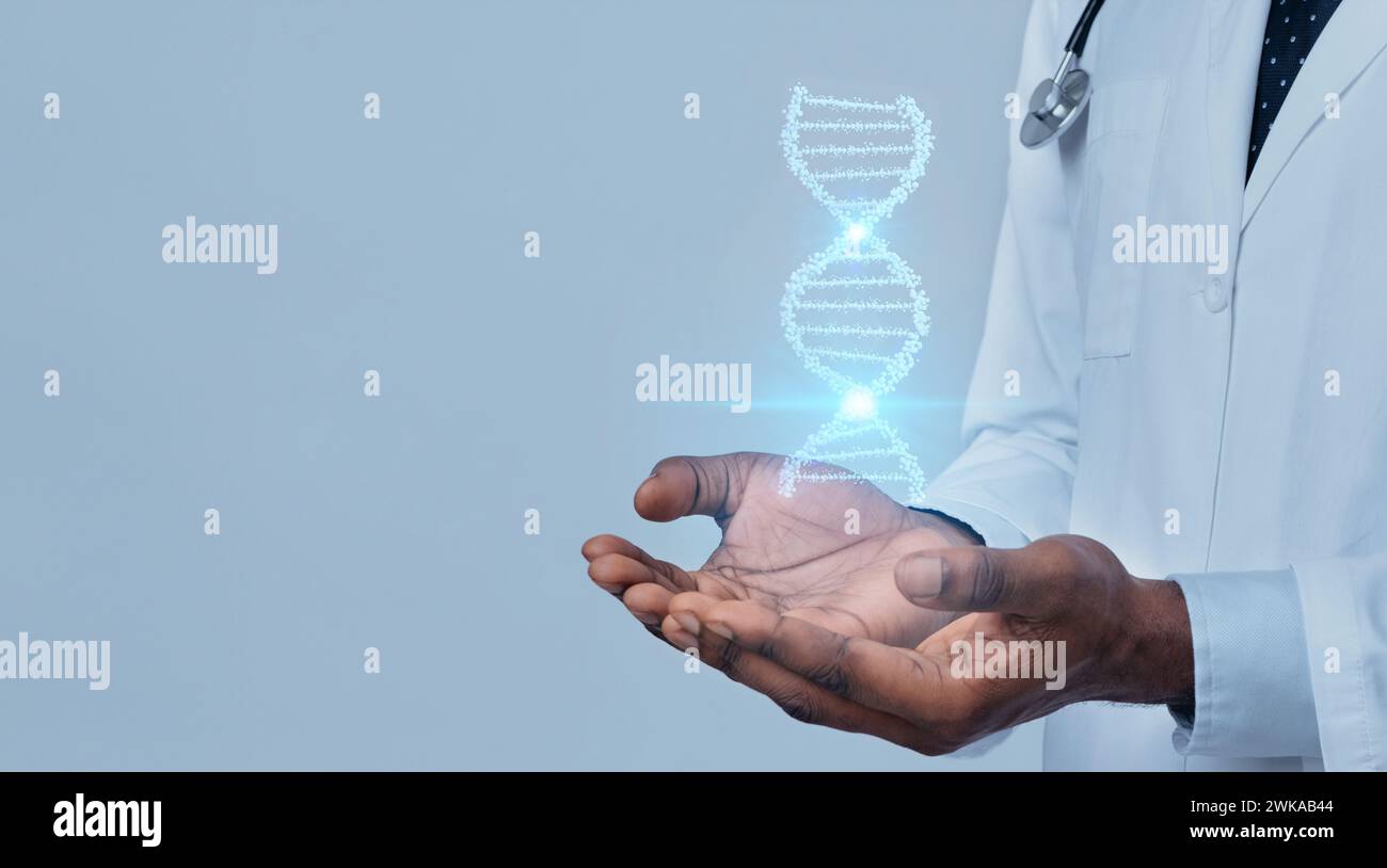 Black medical doctor geneticist hands holding DNA hologram Stock Photo ...