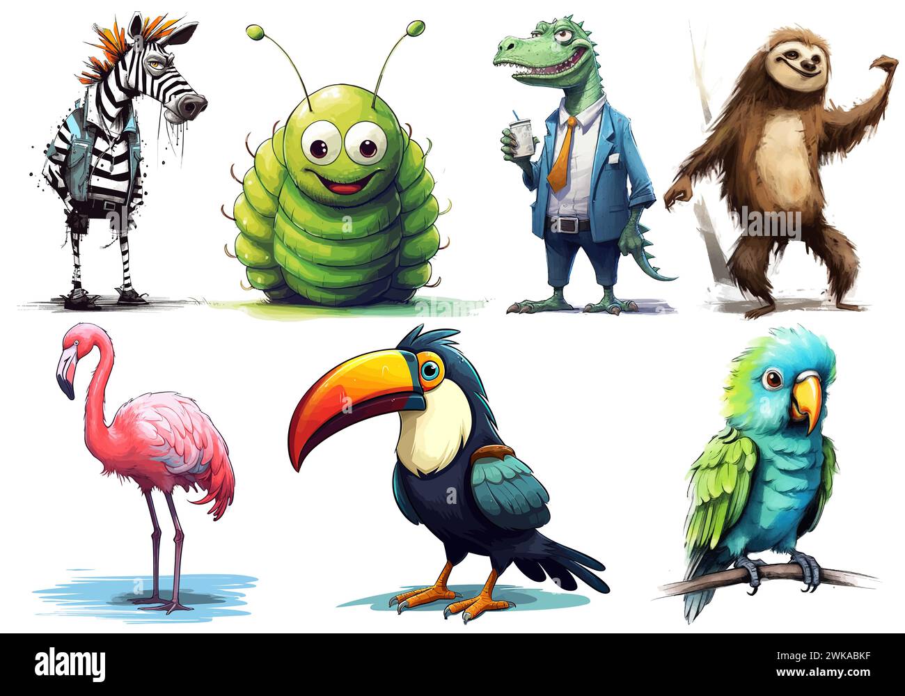 Sloth, flamingo, zebra, toucan,parrot, crocodile, caterpillar. Cute ...