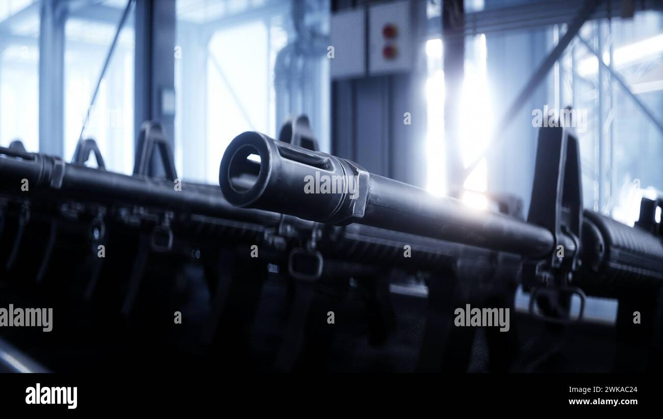 American military machine gun M 16 production line. Factory process ...