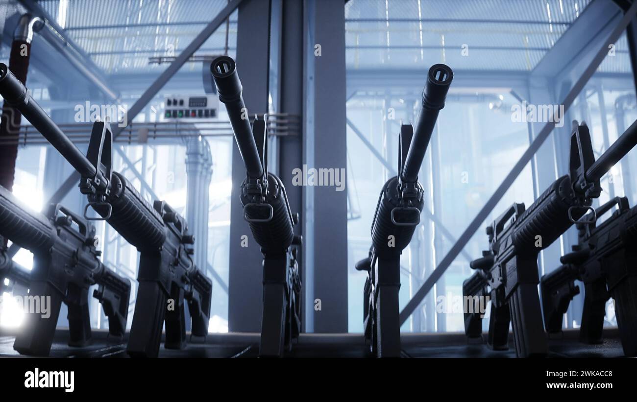 American military machine gun M 16 production line. Factory process ...