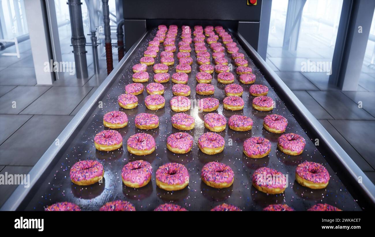 Donuts production line. Factory. Food concept. 3d rendering Stock Photo ...
