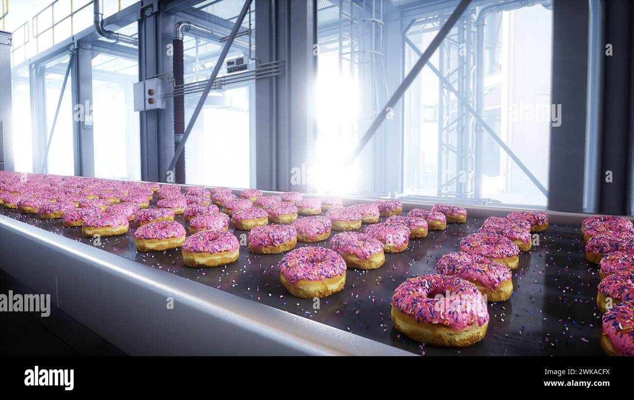 Donuts production line. Factory. Food concept. 3d rendering Stock Photo ...
