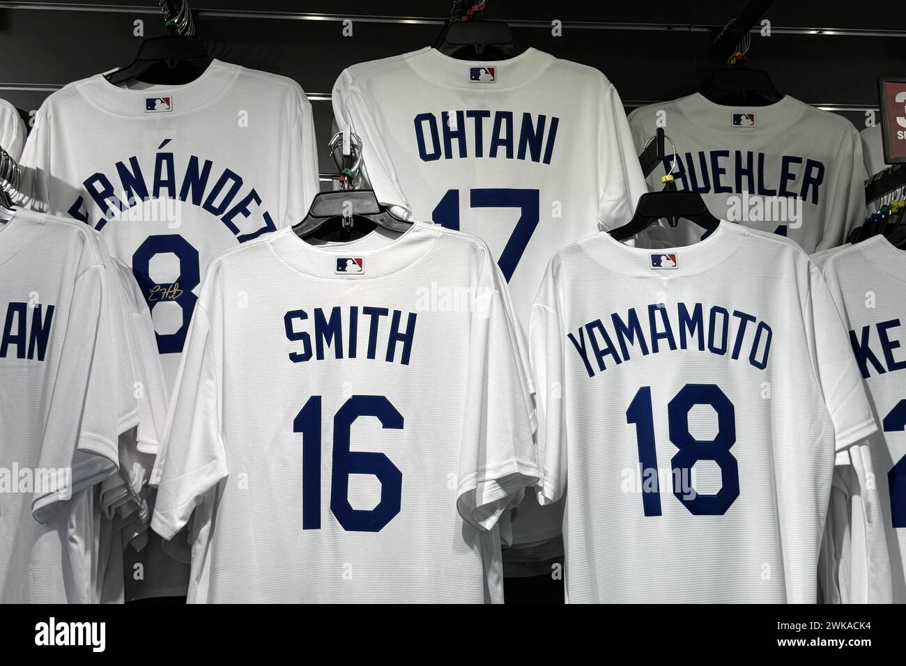 the jerseys of Los Angeles Dodgers catcher Will Smith (16), pitcher ...