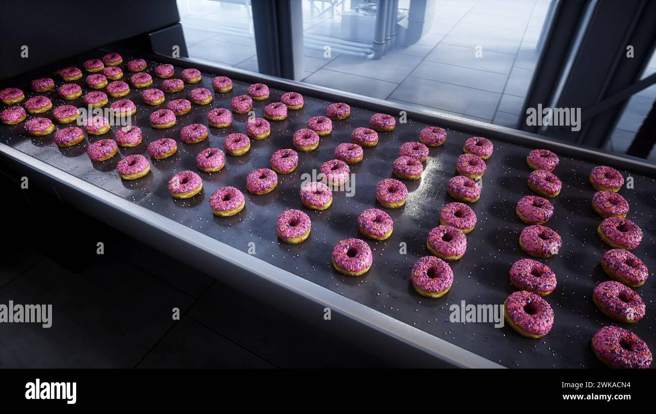Donuts production line. Factory. Food concept. 3d rendering Stock Photo ...
