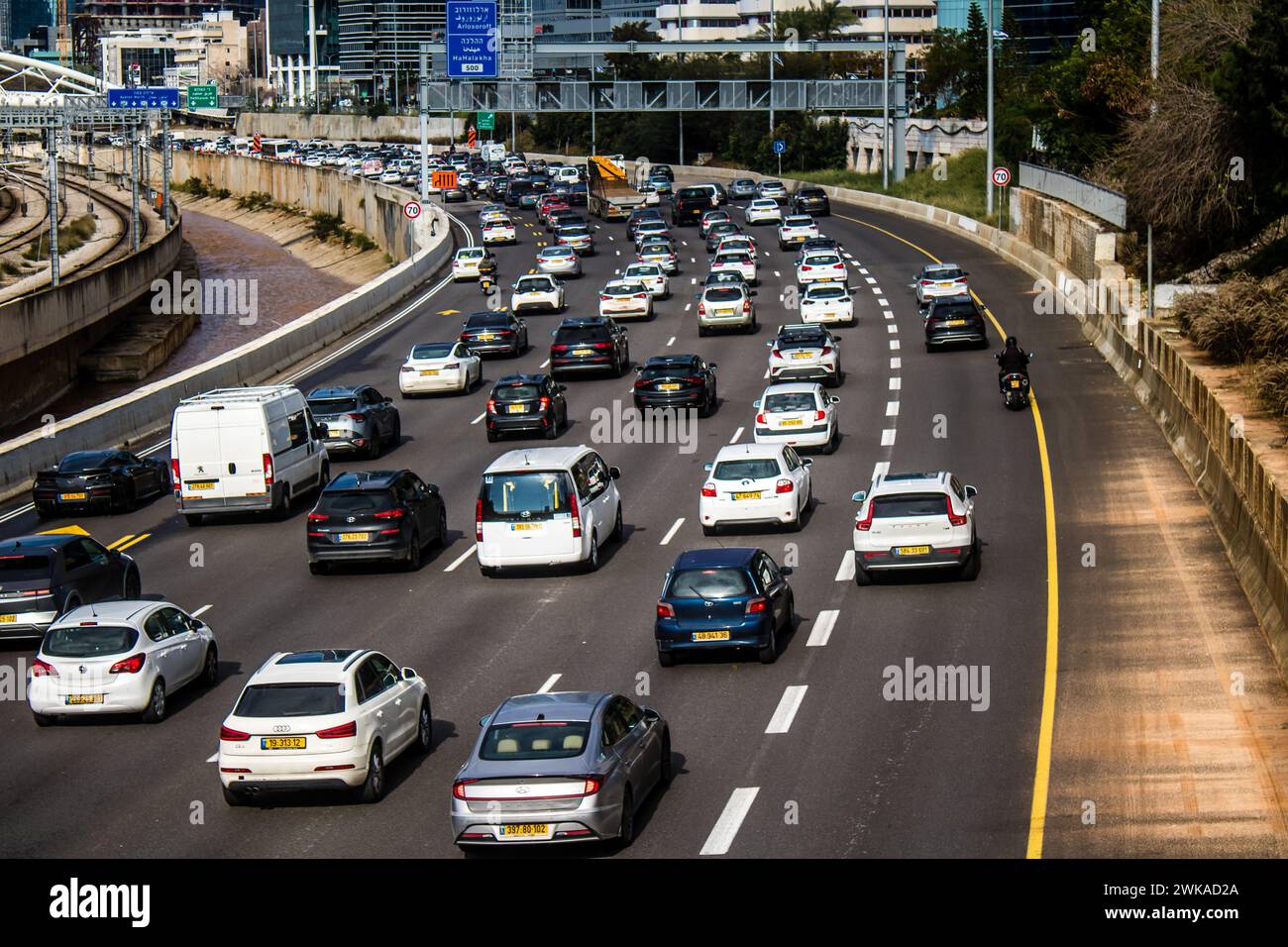 Tel Aviv, Israel, February 19, 2024 Car traffic on the Tel Aviv highway ...