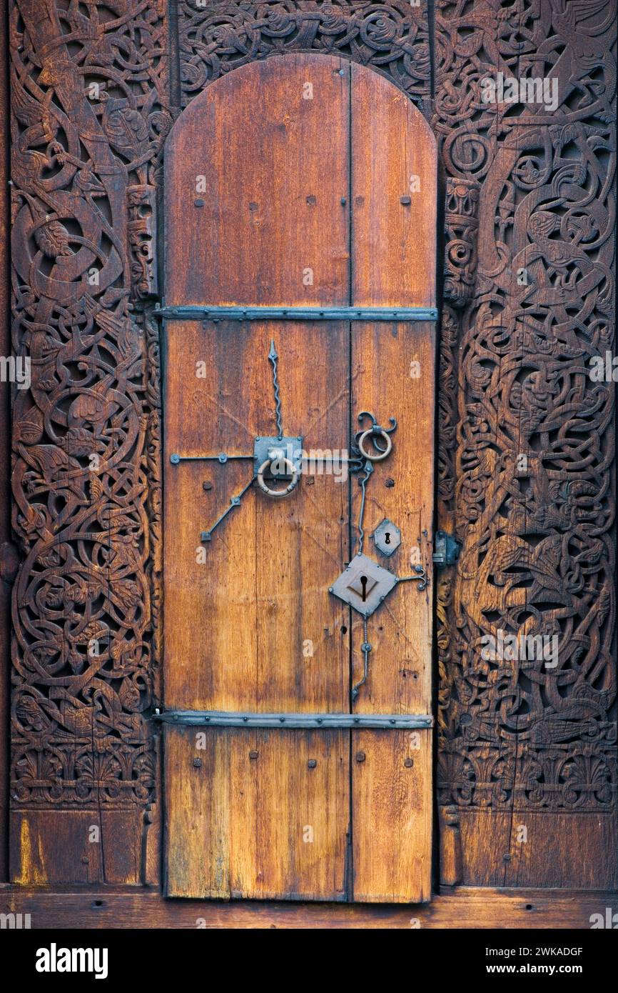 Decorative door to Torpo Stave Church, Norway Stock Photo - Alamy