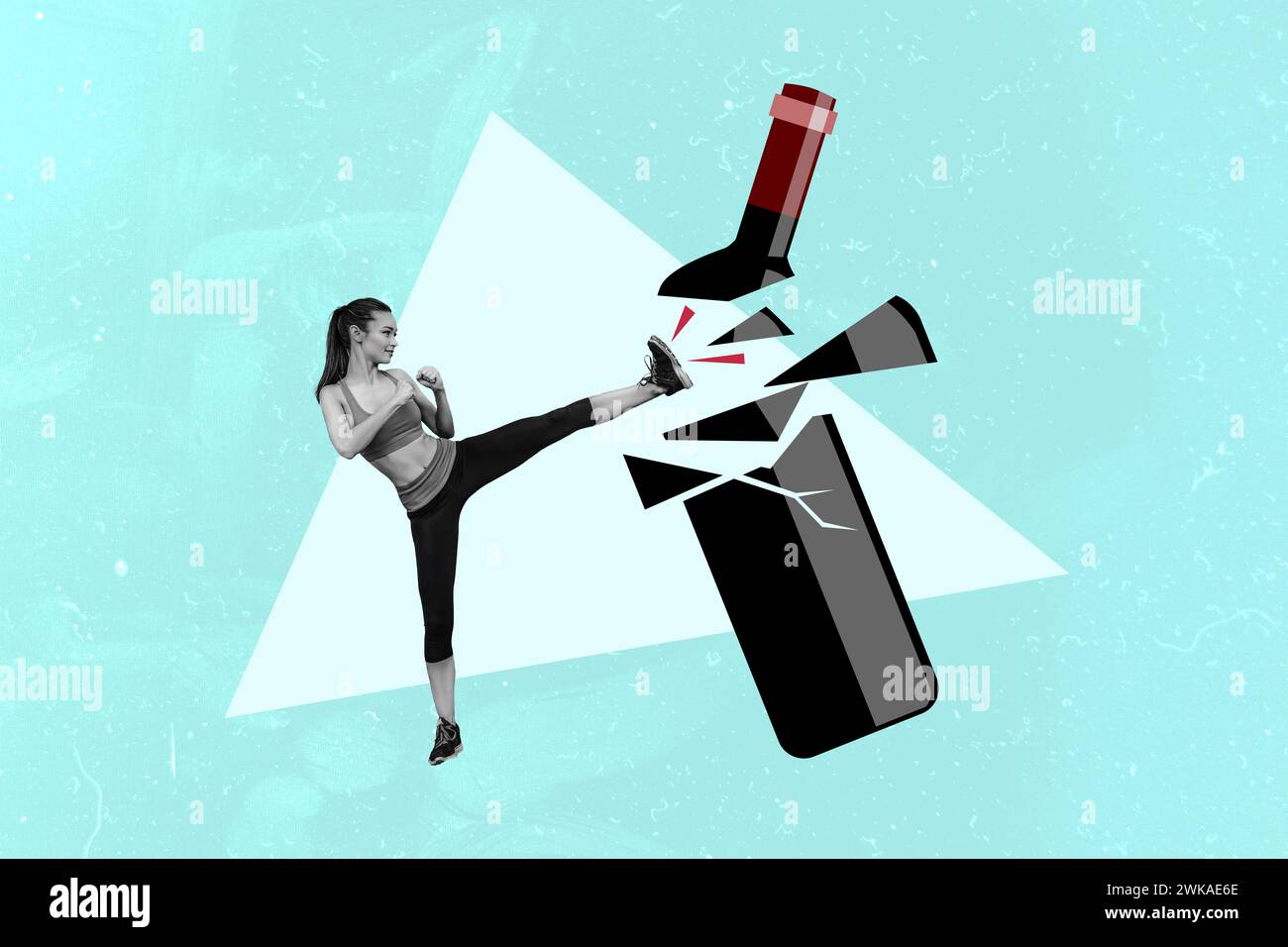 Collage image artwork of sporty strong woman kick break up glass wine ...