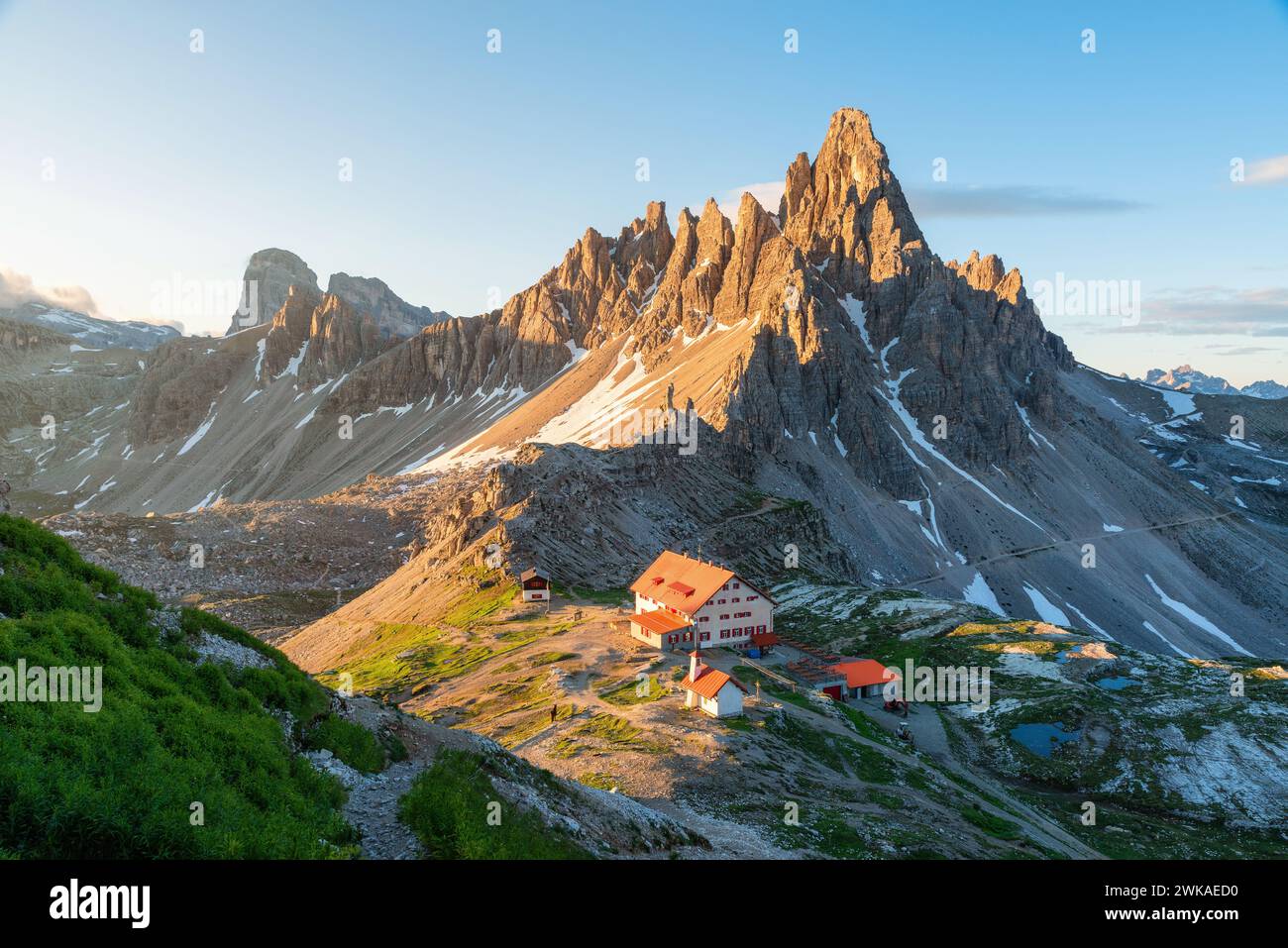 Mountain valley at the Tre Cime di Lavaredo National park and rifugio ...