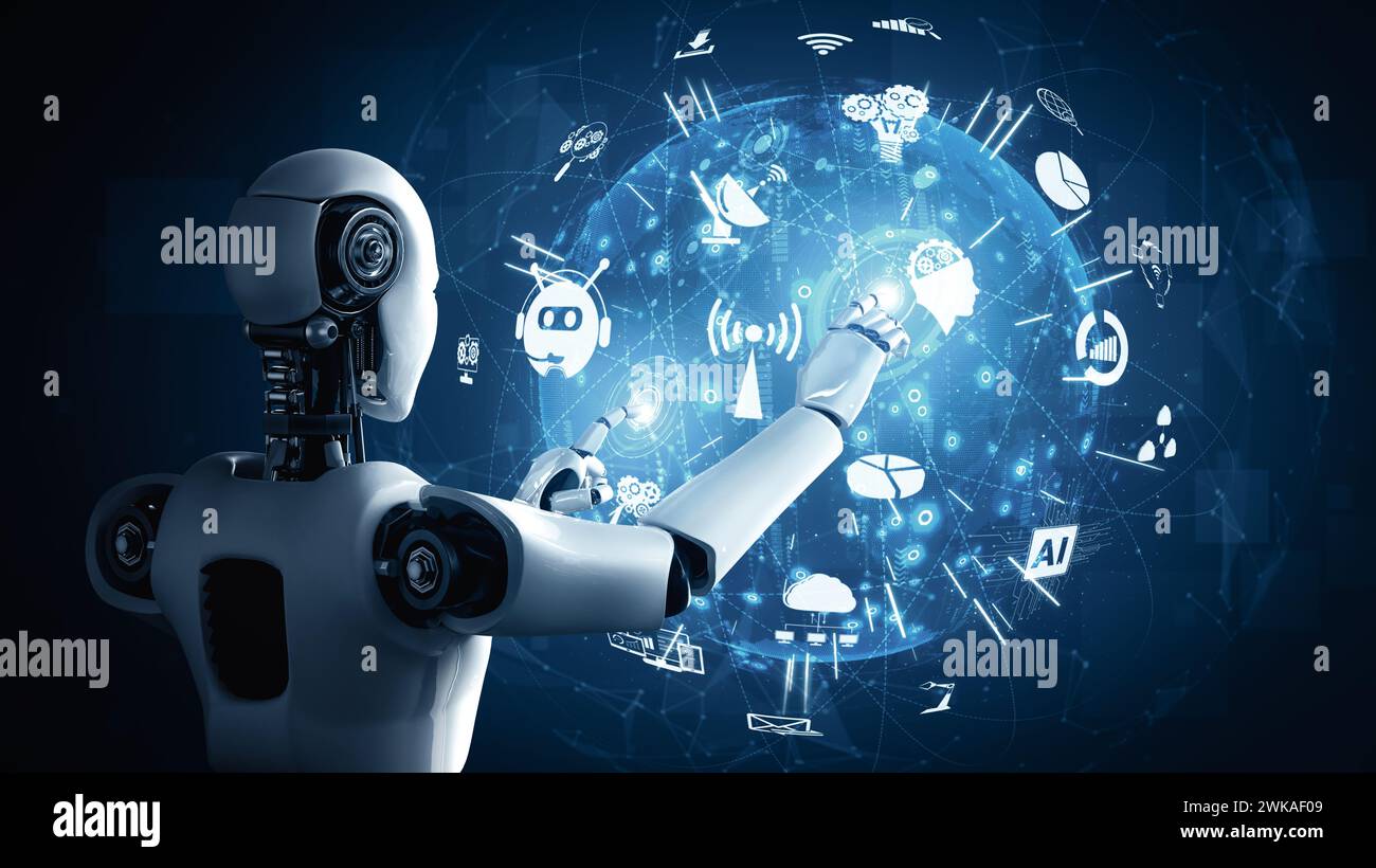 XAI 3d illustration AI humanoid robot touching hologram screen shows ...