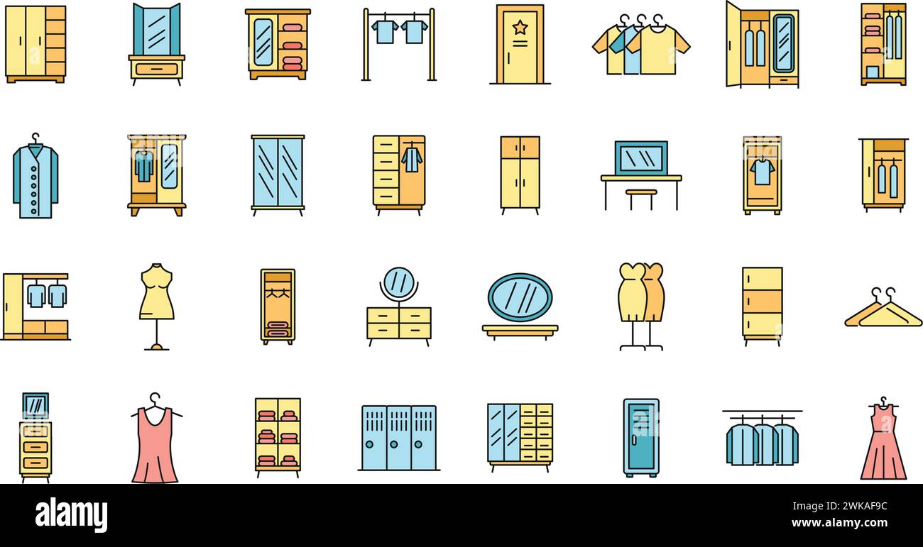 Dressing room icons set. Outline set of dressing room vector icons thin line color flat on white ...