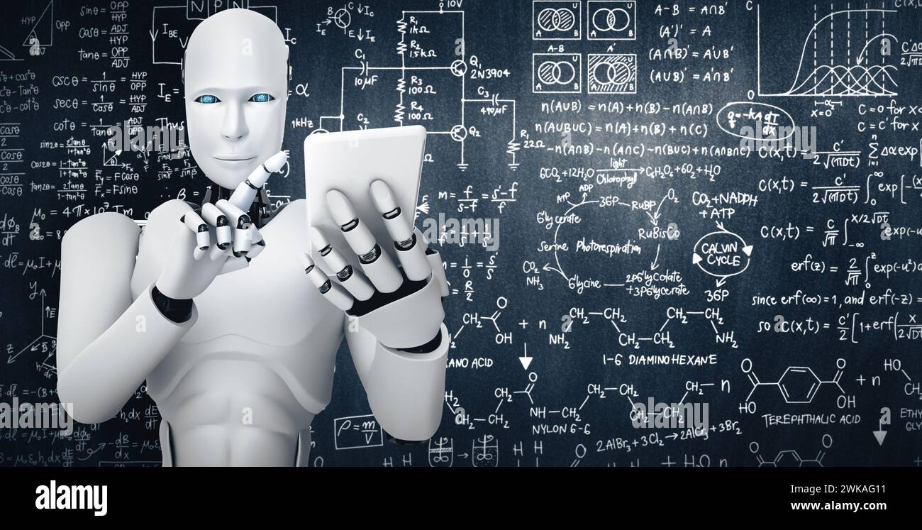 XAI 3d illustration Robot humanoid use mobile phone or tablet for engineering science studying ...